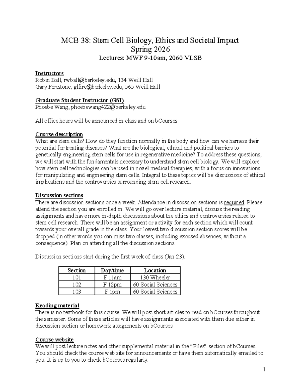 MCB 38: Stem Cell Biology & Ethics - Spring 2026 Syllabus - Studocu
