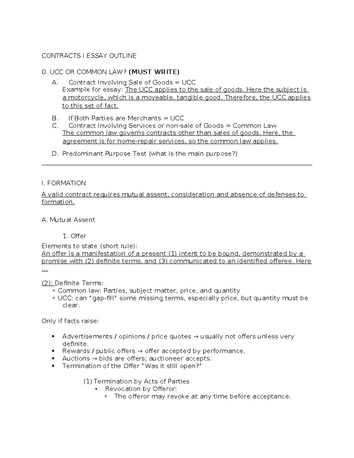 CONTRACTS I ESSAY OUTLINE: UCC vs. COMMON LAW Analysis - Studocu
