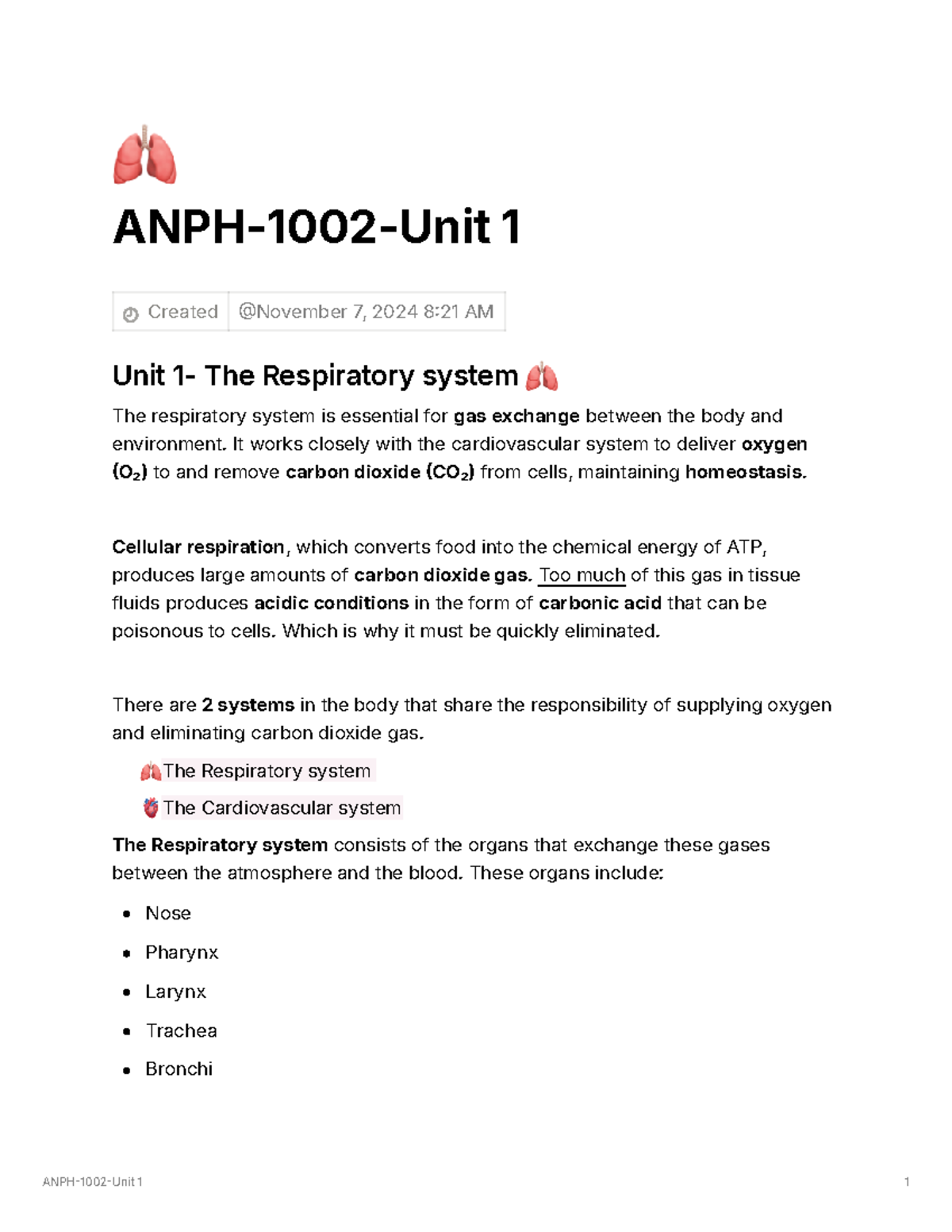 ANPH-1002-Unit 1 - ANPH notes - 🫁 ANPH-1002-Unit 1 Created Unit 1- The ...