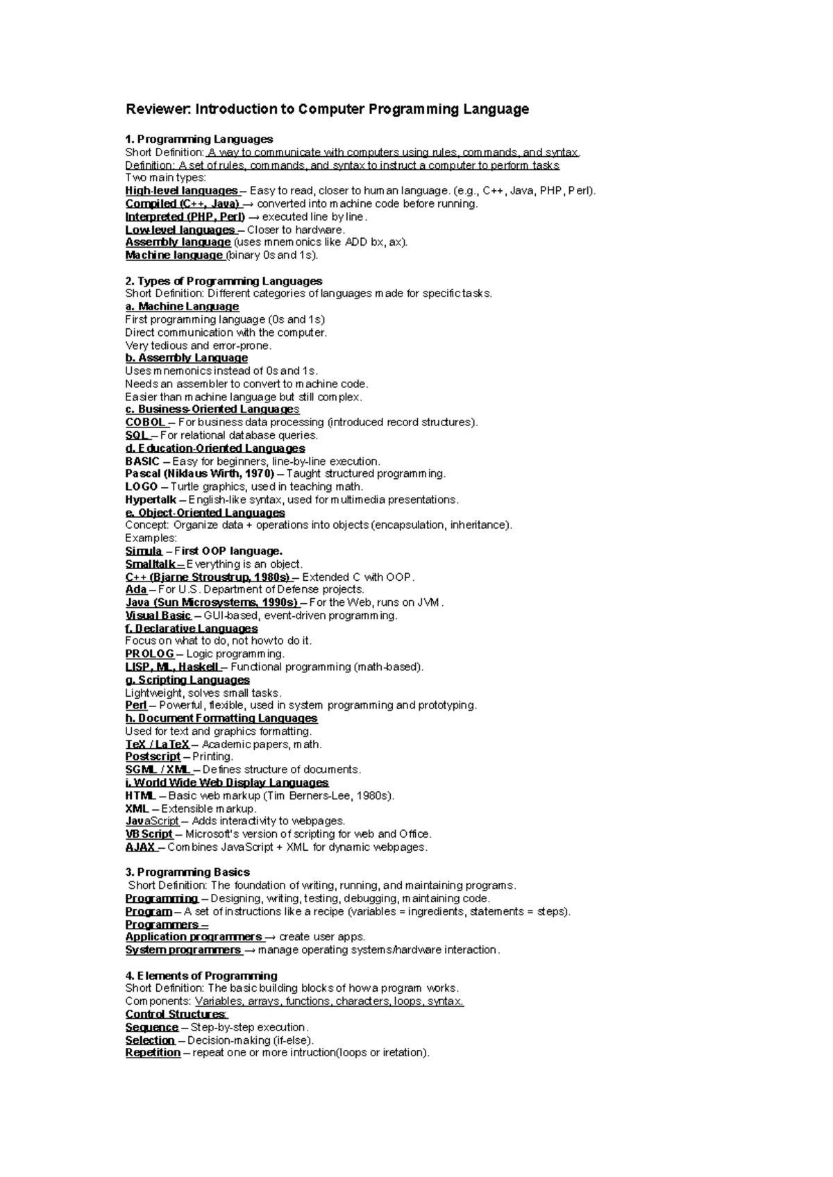 Computer Programming 1: Comprehensive Reviewer Guide - Studocu