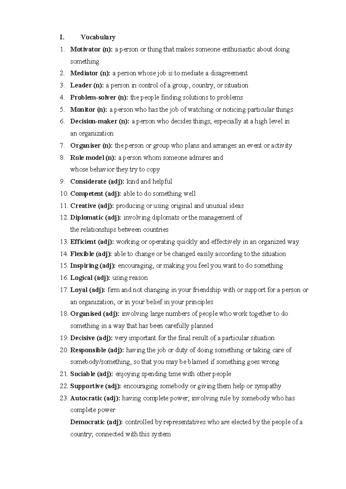 Vocab Unit 7: Key Terms & Definitions in Leadership and Roles - Studocu