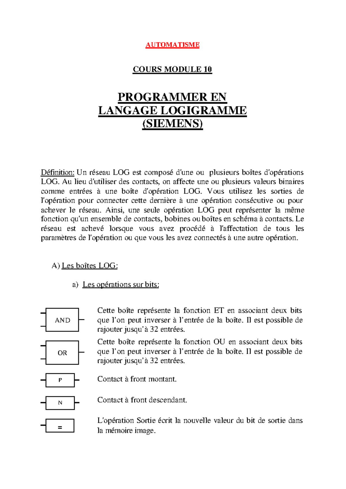 Cours Module 10: Programmer en Langage Logigramme (Siemens) - Studocu