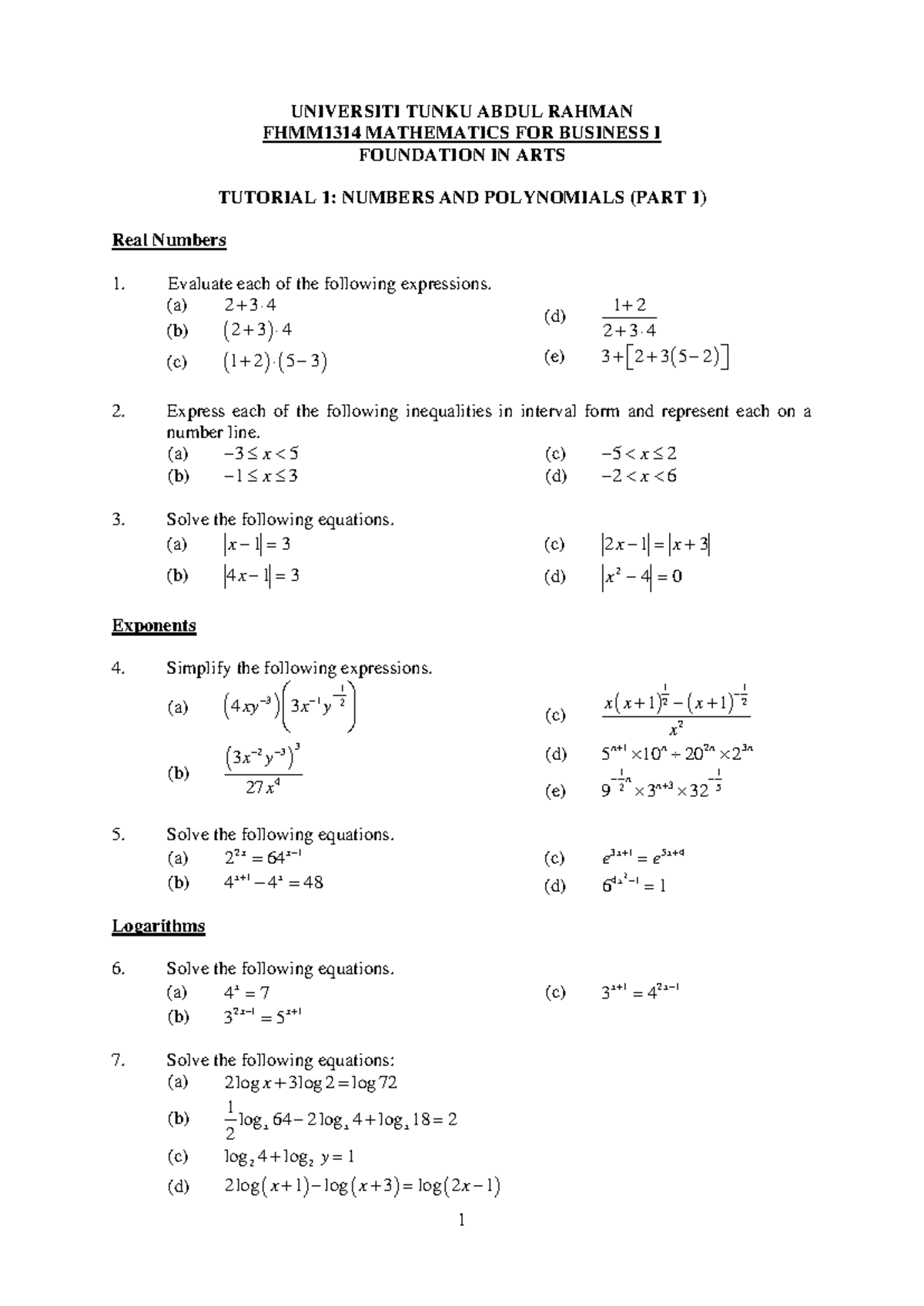 Tutorial 1 Part 1 Numbers and Polynomials - Mathematics for Business I ...