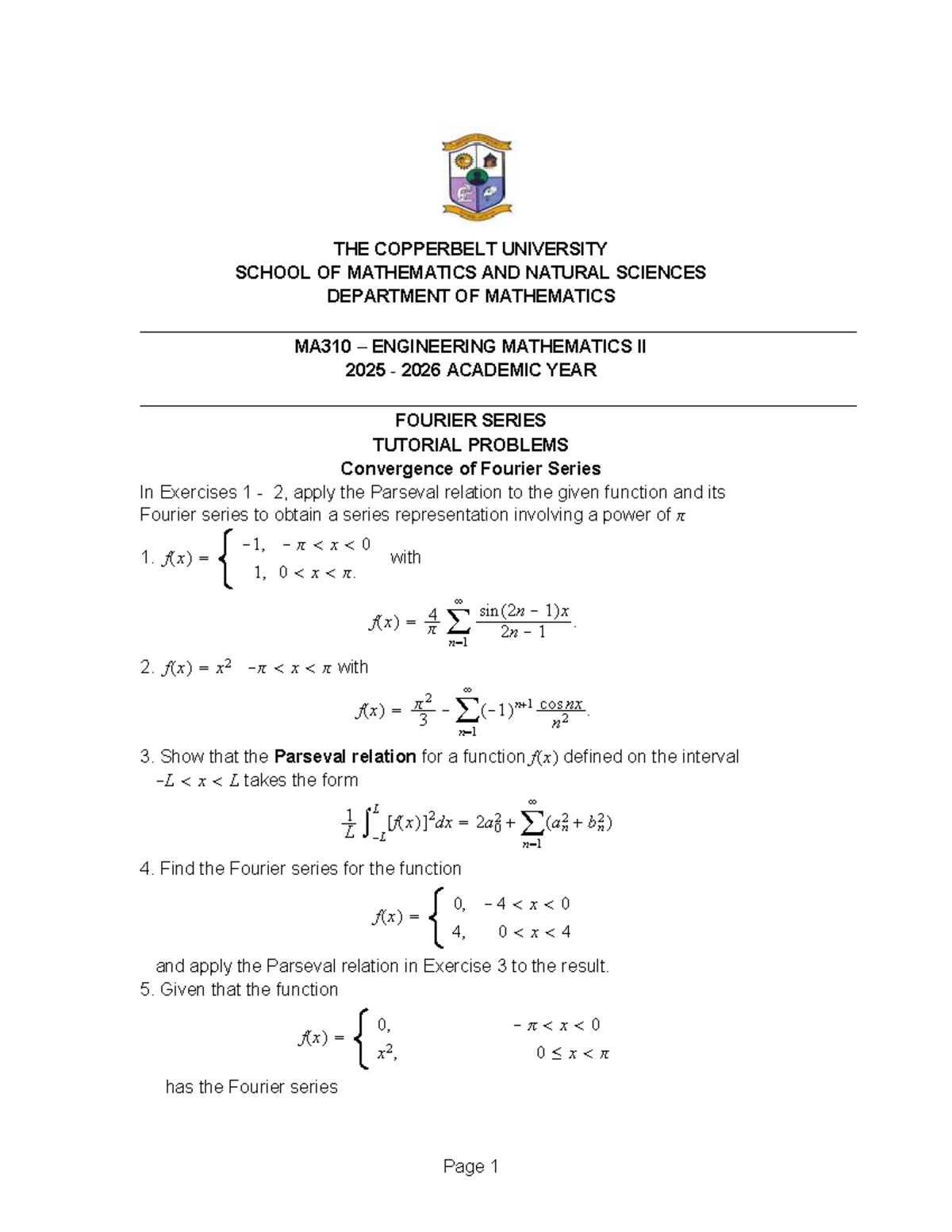 MA310 - Fourier Series Tutorial Problems Set 2 (2025-2026) - Studocu
