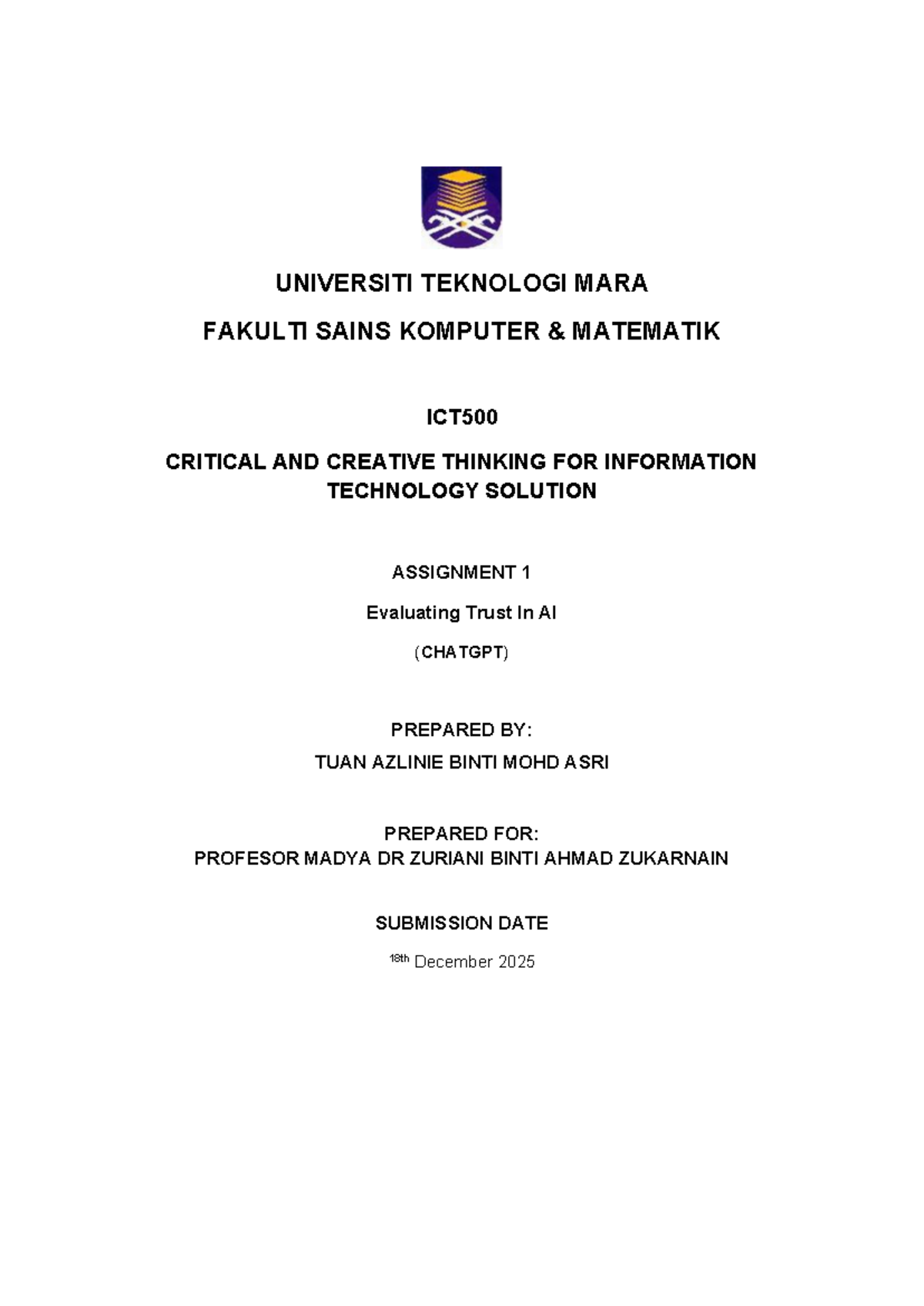 ICT500 Assignment 1: Evaluating Trust in AI (ChatGPT) - Studocu