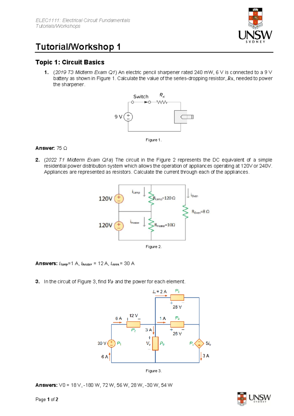 ELEC1111 T3 2025 Midterm Exam: Circuit Basics & Calculations - Studocu