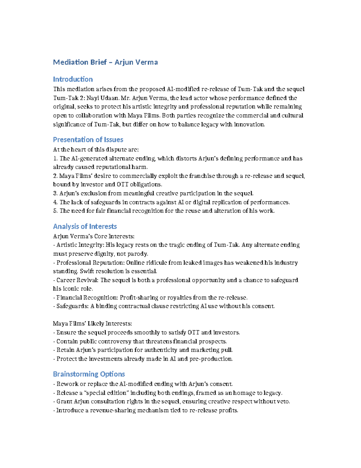 Mediation Brief: Arjun Verma's Artistic Integrity & Legacy Issues - Studocu