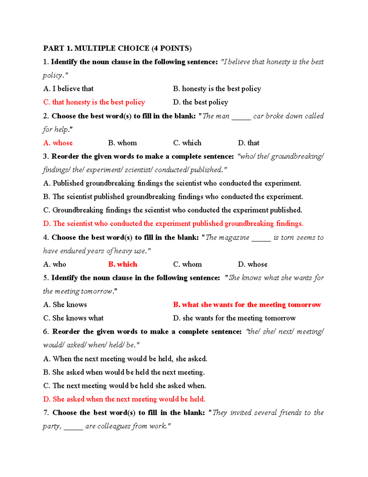 NHÓM 4 - Grammar MCQs & Short Answers Practice - Studocu
