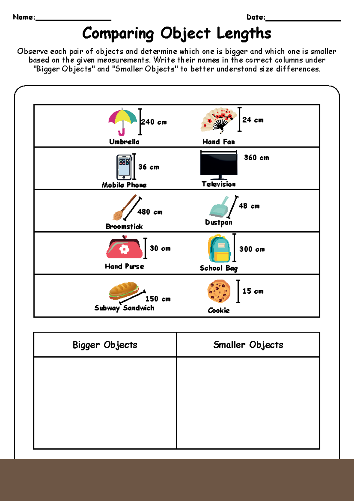 Comparing Object Lengths - 2nd Grade Worksheet - Name: Date: Bigger ...
