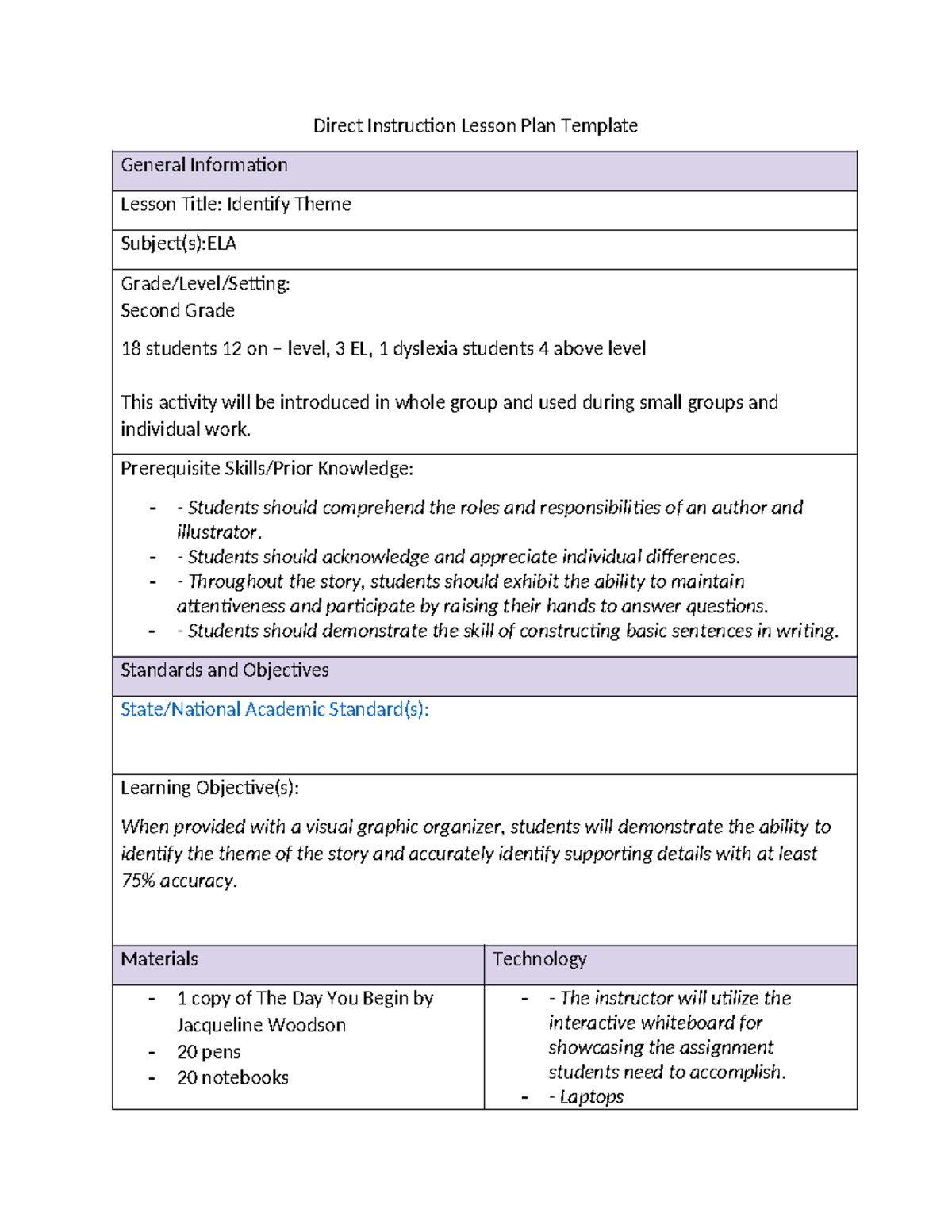 Final Exam Lesson Plan: Identifying Theme in ELA (2nd Grade) - Studocu