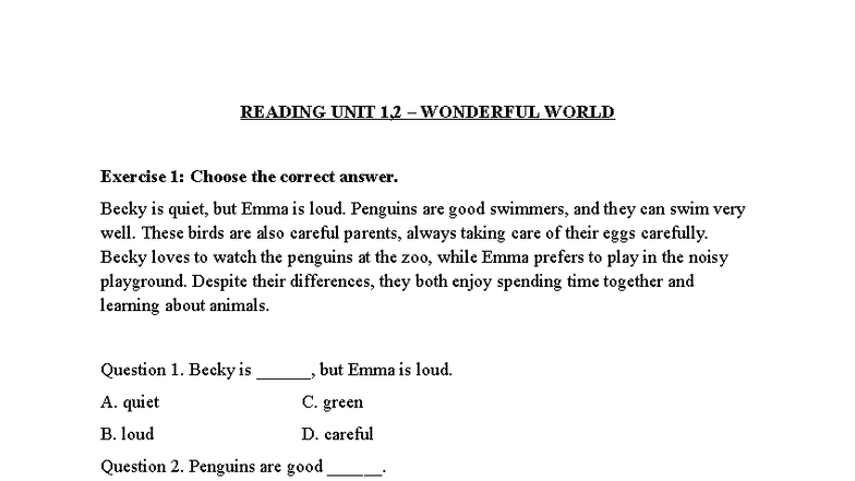 Reading Unit 1 & 2 Exercises - ENGLISH 5 - Studocu