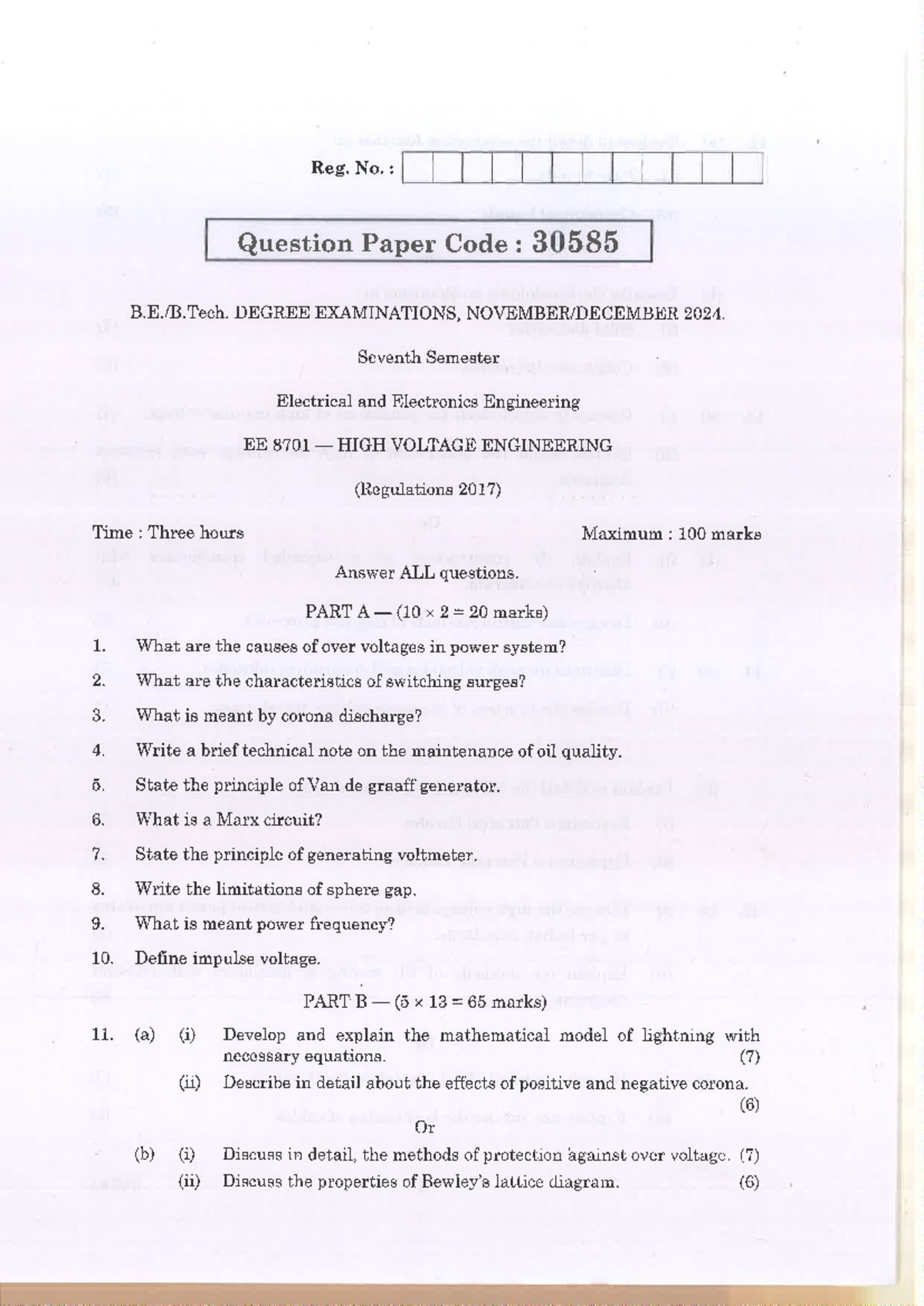 QP-EE8701-30585: High Voltage Engineering Exam Paper 2024 - Studocu