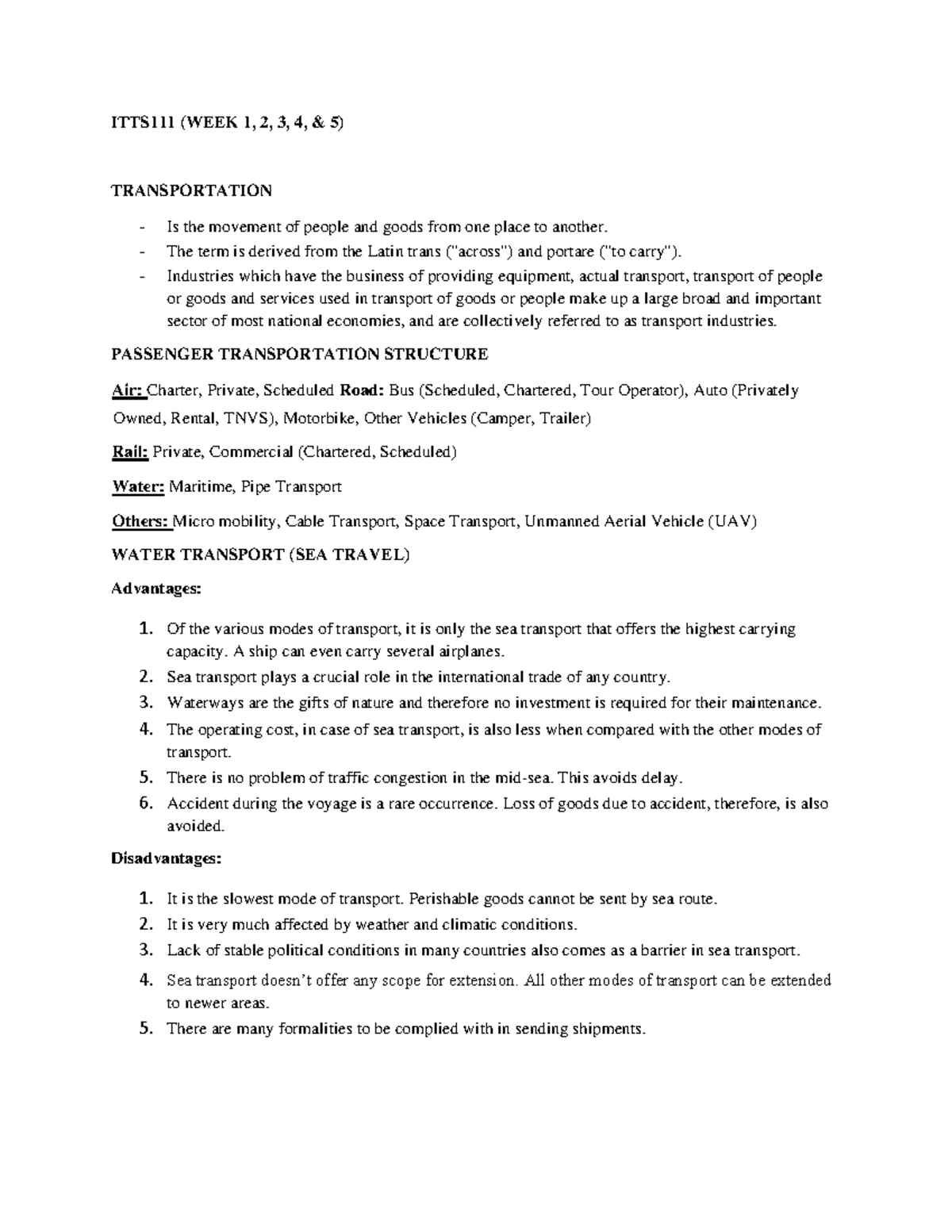 ITTS111 Transportation Overview: Weeks 1-5 Summary and Insights - Studocu