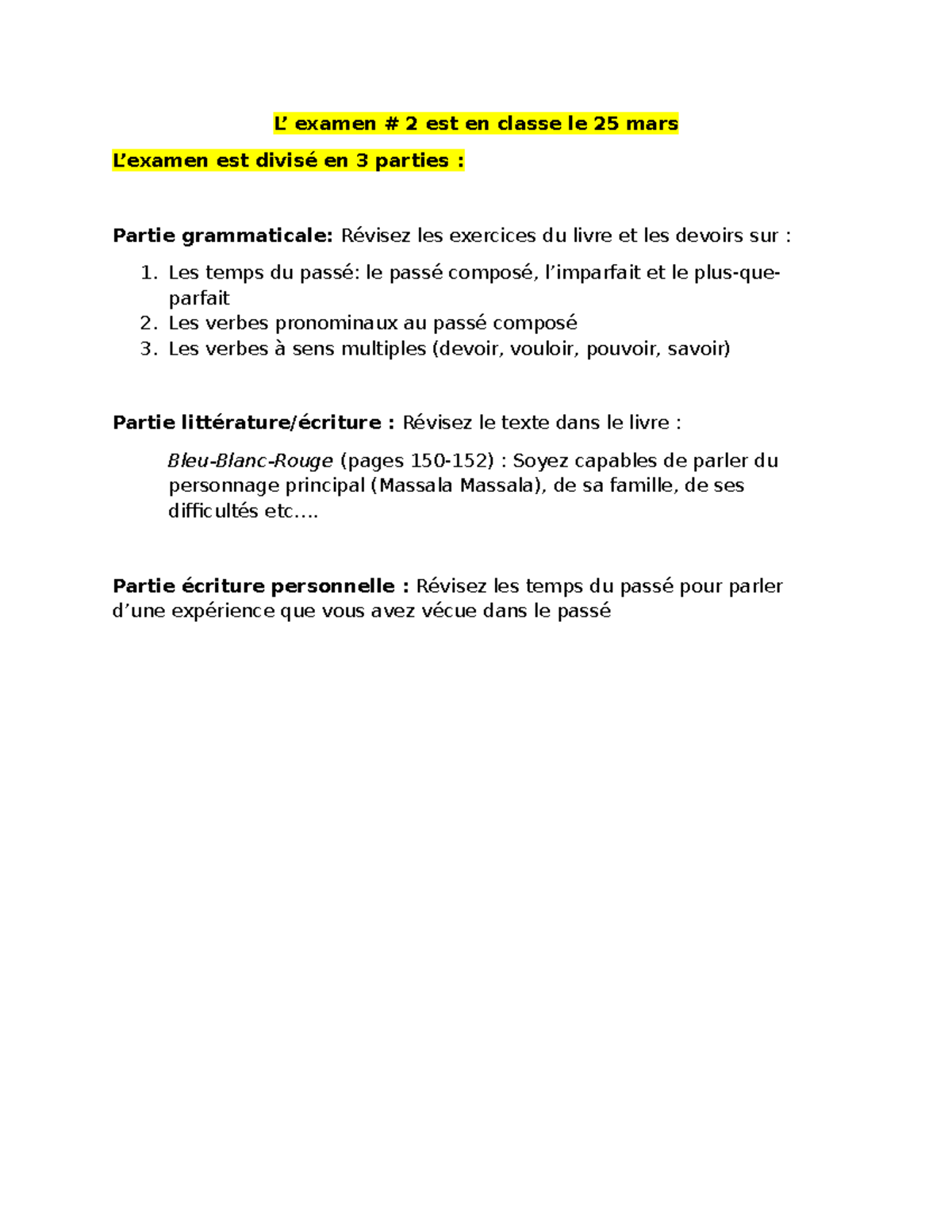 Title: French Exam #2 Review: Grammar, Literature, and Writing (March ...