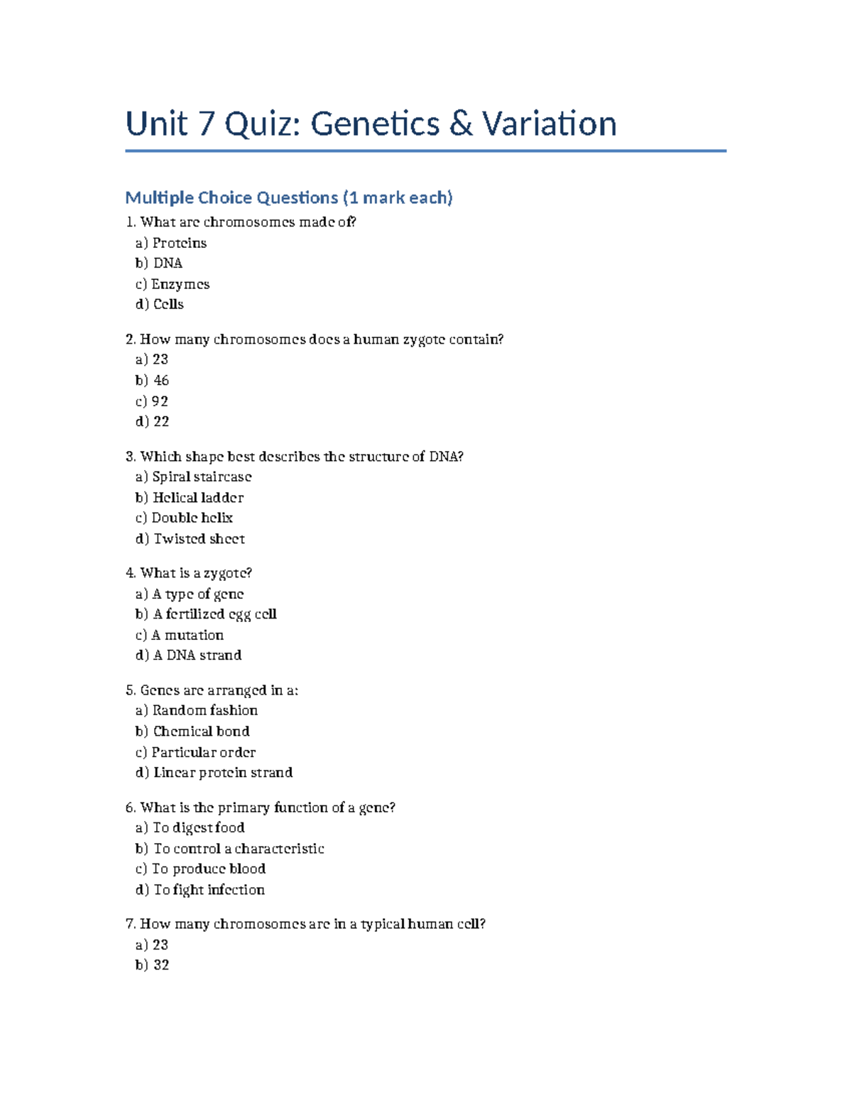 Unit 7 Quiz: Genetics Variation MCQs for CAIE - Studocu