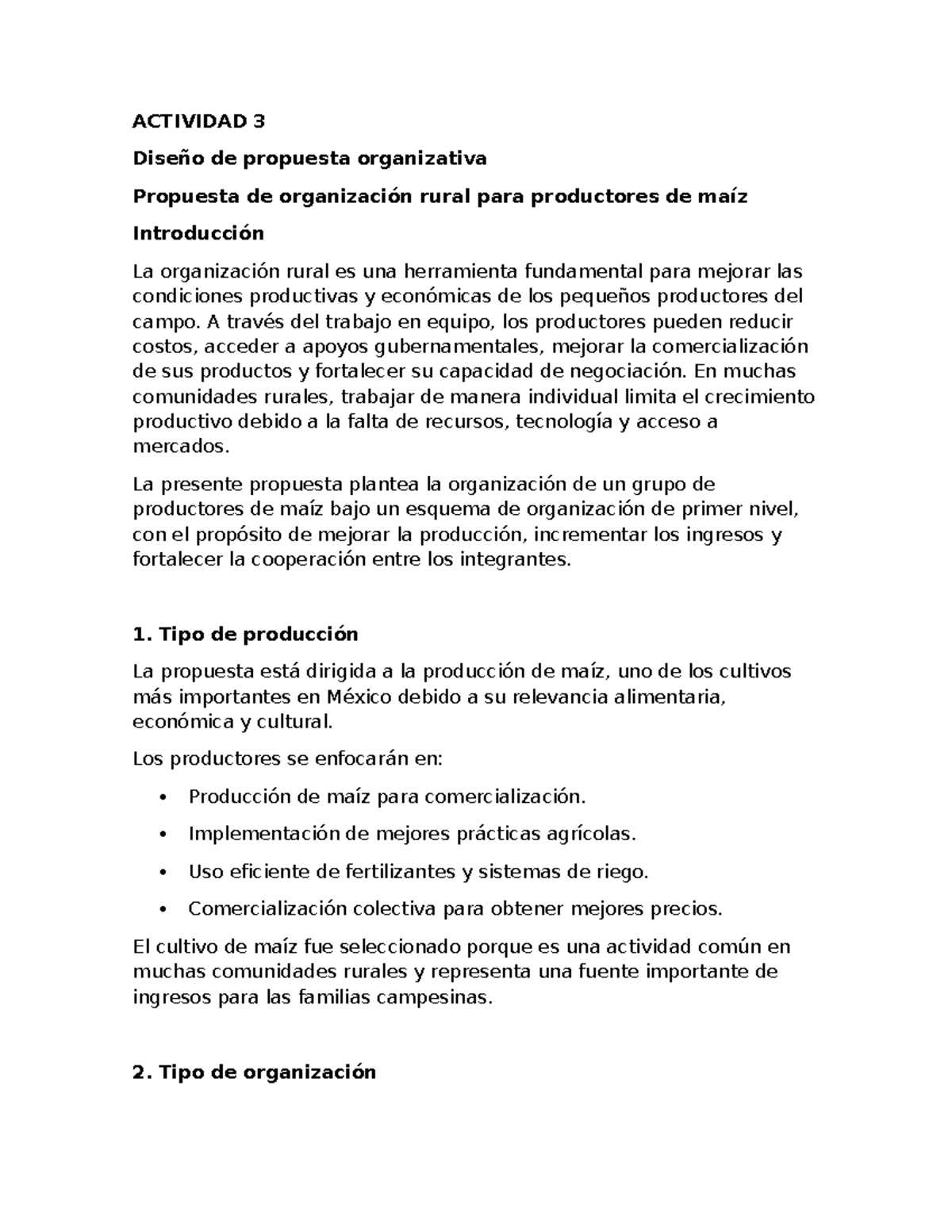 ACTIVIDAD 3 Propuesta Organizativa para Productores de Maíz - Studocu