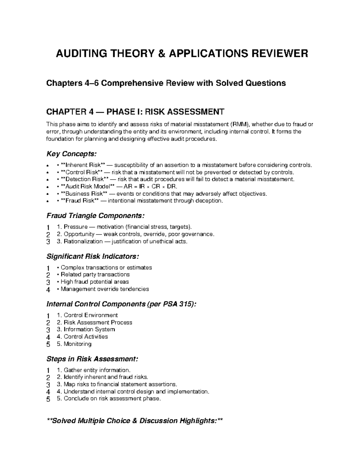 AUDITING REVIEWER (AUD 101) CH 4-6: RISK ASSESSMENT & REVENUE CYCLE ...