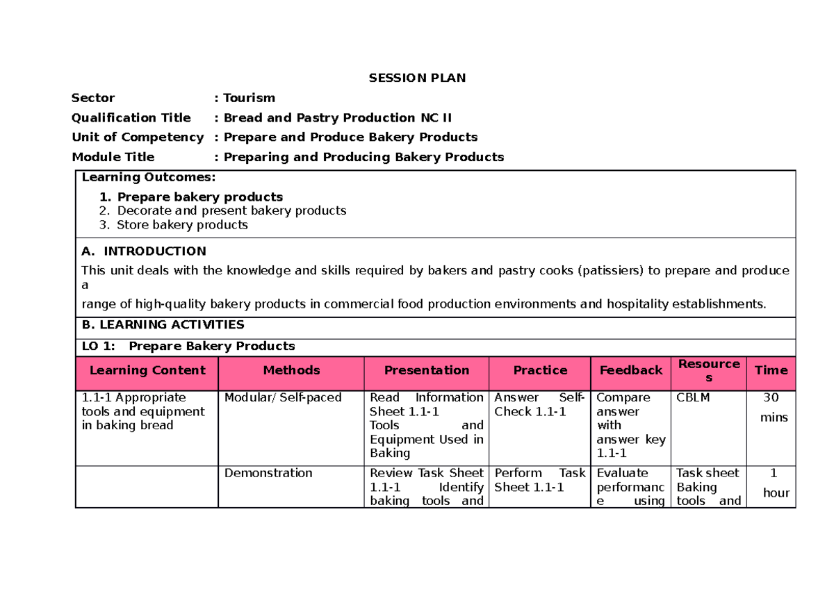 Session Plan for Bread and Pastry Production NC II: Preparing Bakery Products - Studocu