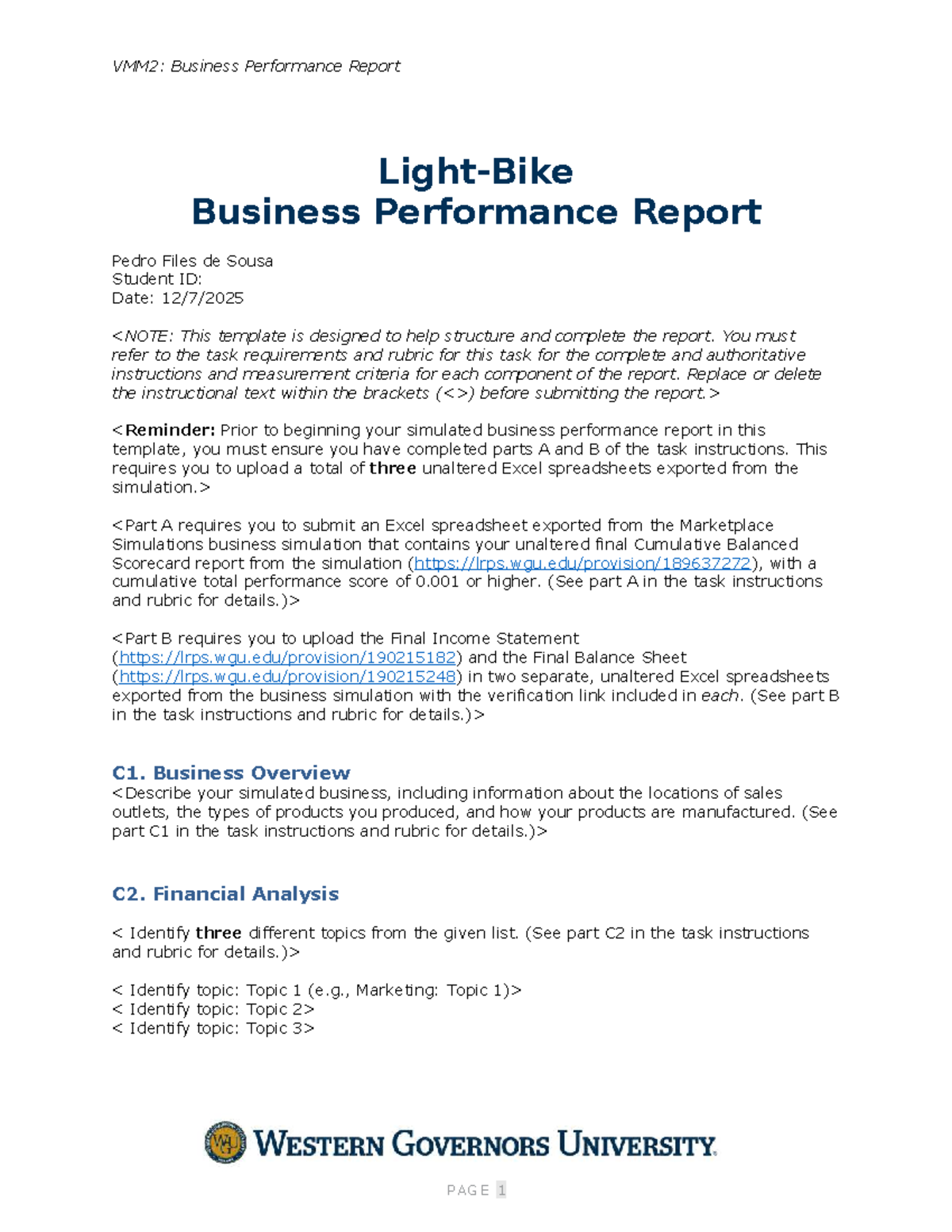 VMM2: Business Performance Report Template for Simulation Tasks - Studocu