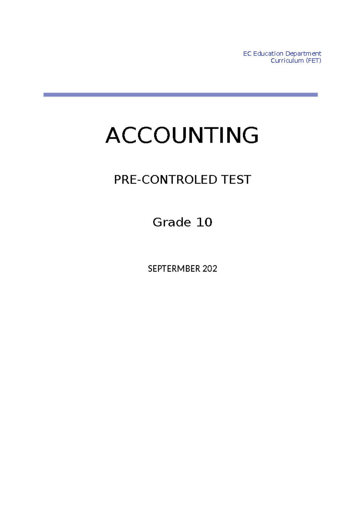 Accounting Grade 10 Test (FET) - Control Questions & Financial Analysis ...