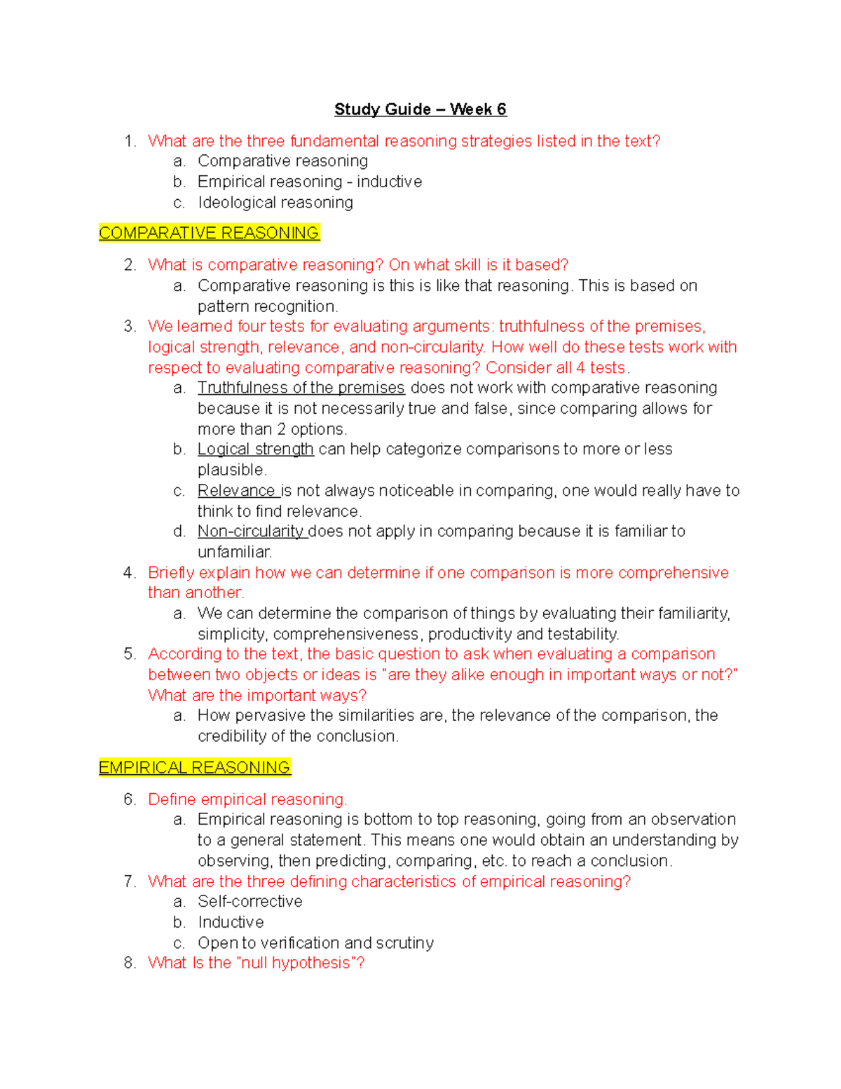 Week 6 Study Guide: Understanding Reasoning Strategies and Evaluations ...