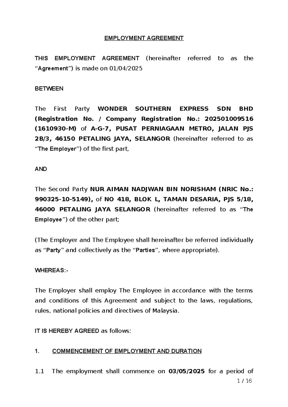 EMPLOYMENT AGREEMENT FOR CONTACT STAFF - WONDER SOUTHERN EXPRESS - Studocu