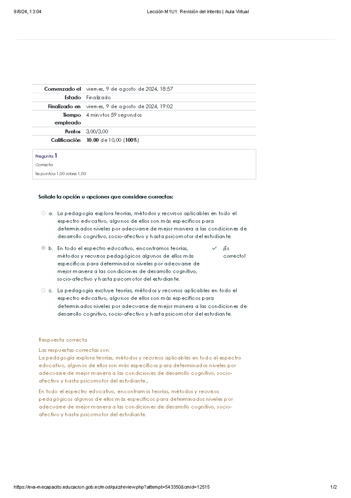 Lección M1U1 Revisión del intento Aula Virtual - Comenzado el viernes, 9 de agosto de 2024, 18 ...