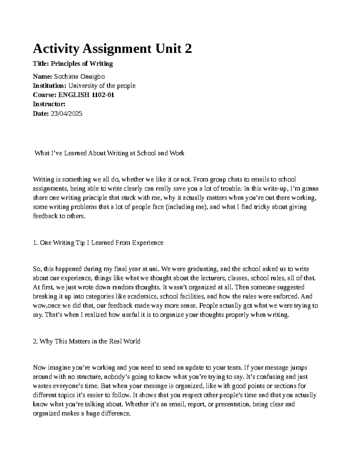 ENGLISH 101: Principles of Writing - Activity Assignment Unit 2 - Studocu