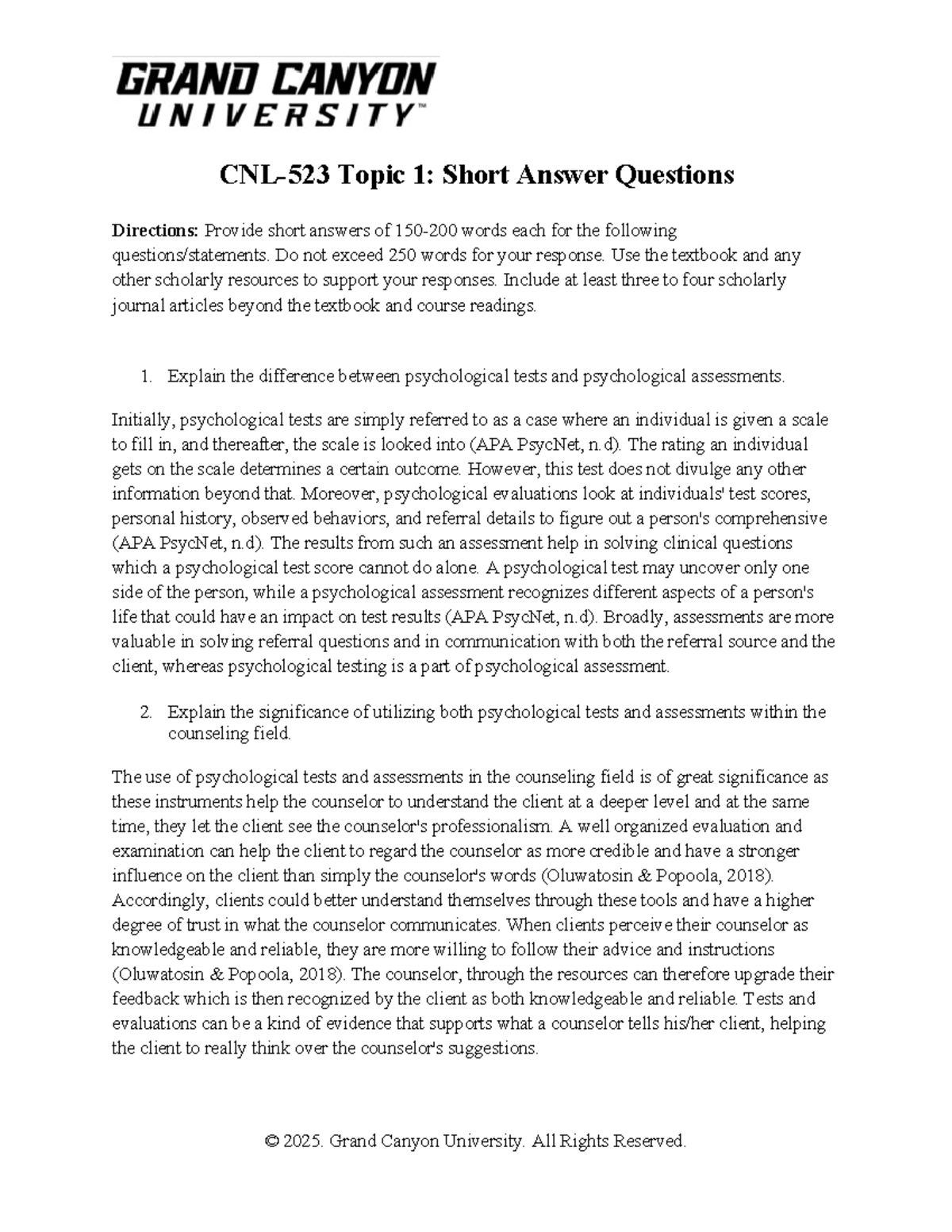 CNL 523 RS T1: Short Answer Questions on Psychological Testing and ...