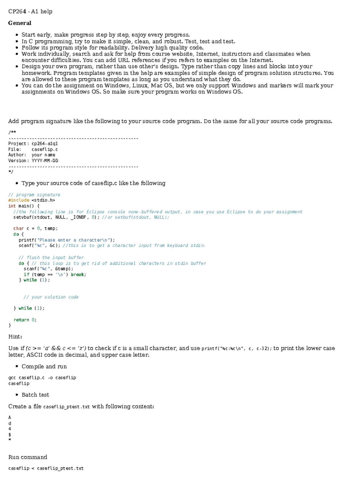 CP264 ASSIGNMENT 1: C Programming Hints and Guidelines - Studocu