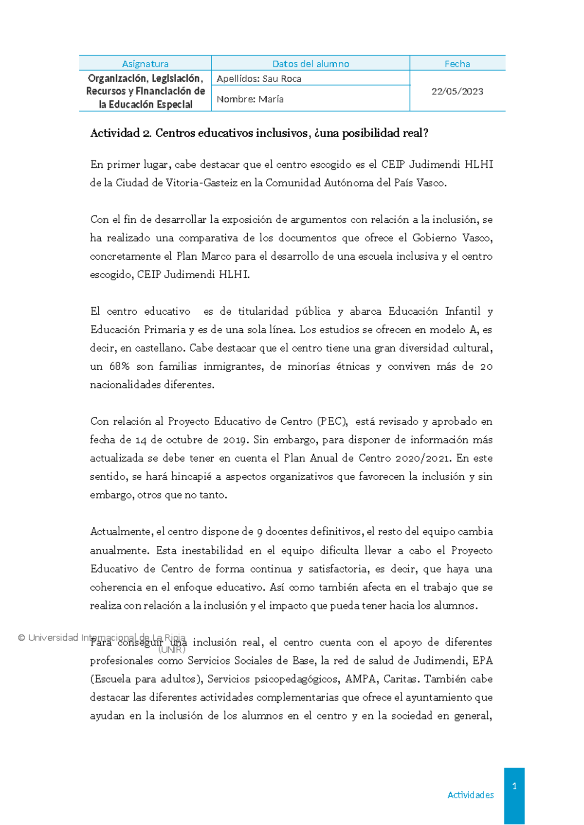 Actividad 2: Inclusión en CEIP Judimendi HLHI - UNIR - Studocu
