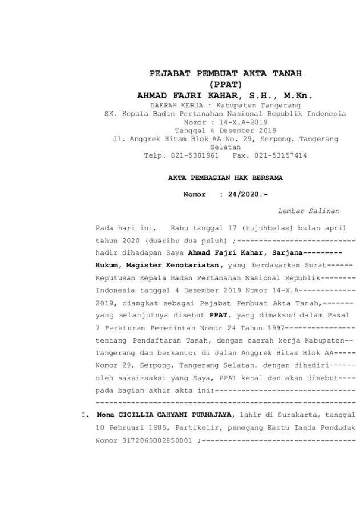 Akta Pembagian Hak Bersama oleh PPAT Ahmad Fajri Kahar, S.H., M.Kn ...