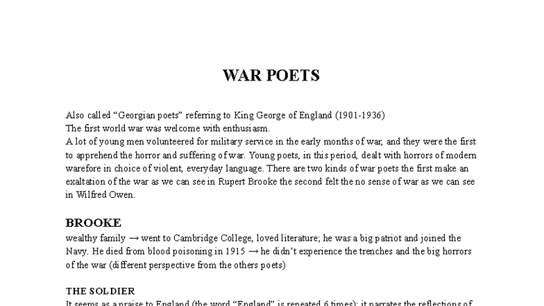 War Poets: Brooke, Sassoon, Owen, and Their Impact on WWI - Studocu