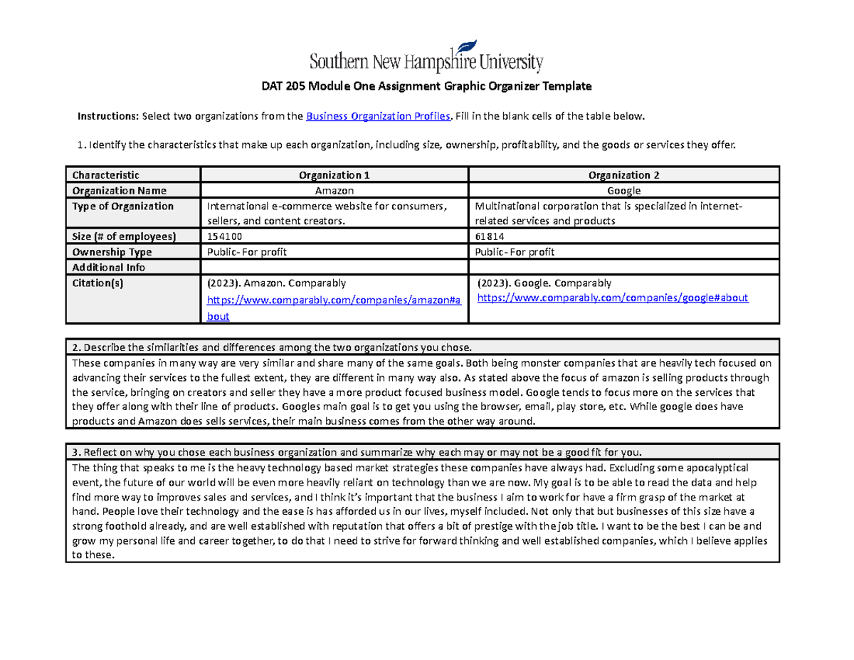 DAT 205 Module 1-3 Assignment Compare and Contrast Organizations - DAT ...