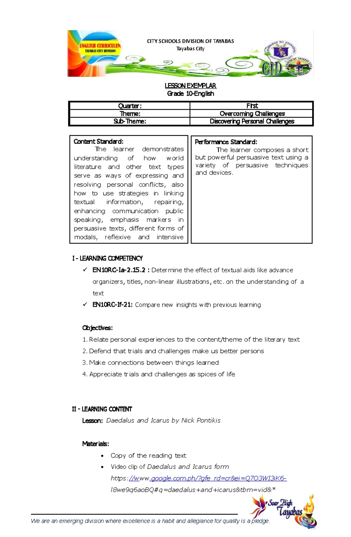 G10 English Lesson Exemplar: Overcoming Challenges in 1st Quarter - Studocu