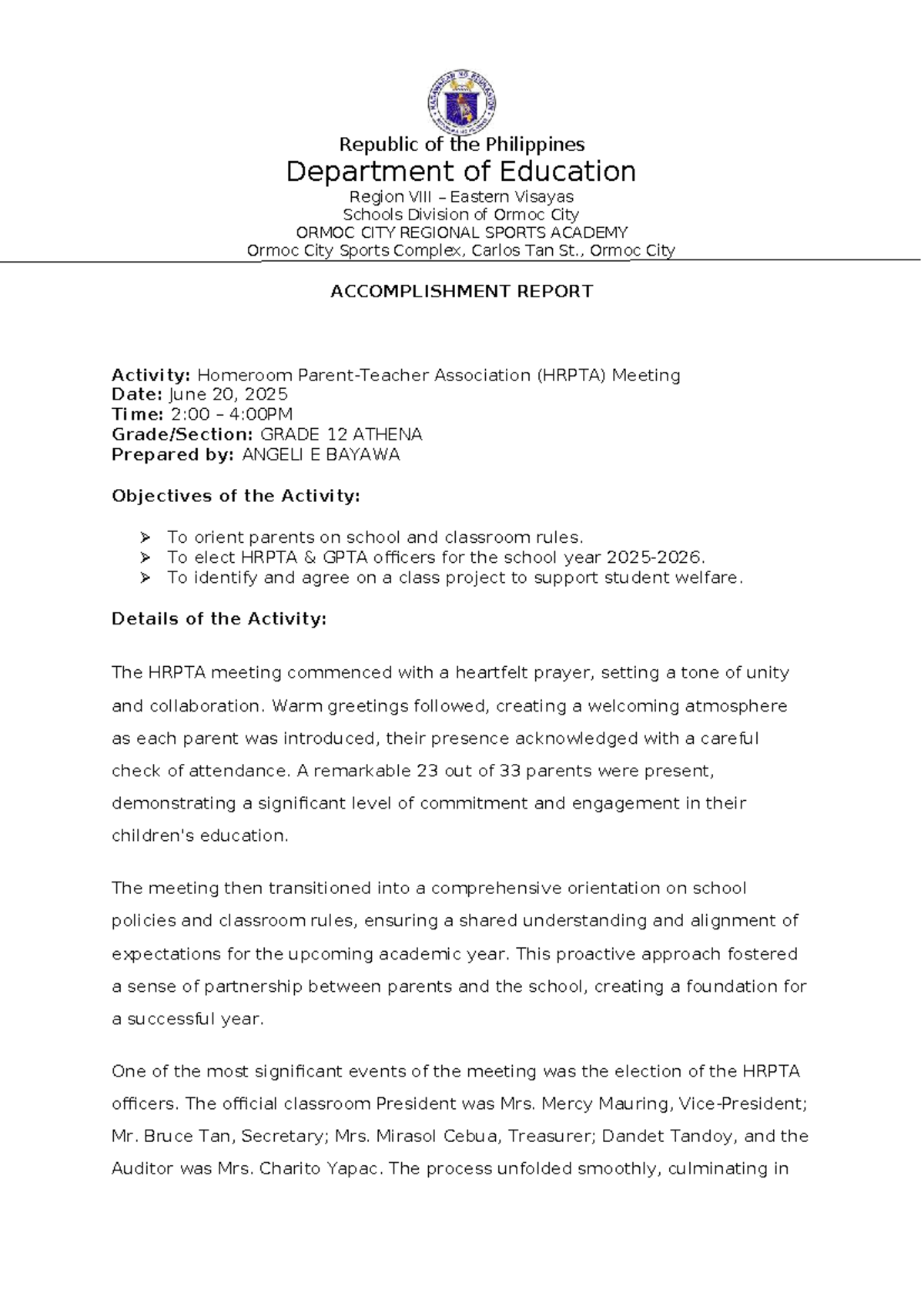 Grade 12 HRPTA Meeting Accomplishment Report - June 2025 - Studocu