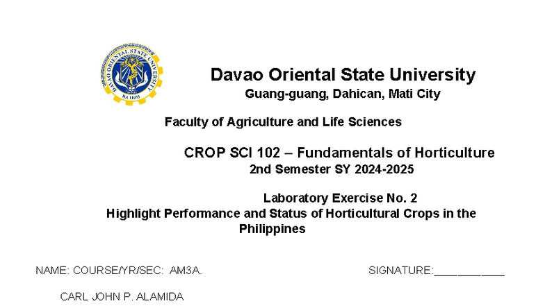 CROP SCI 102 Lab Exercise 2: Horticultural Crop Performance in PH (2019 ...