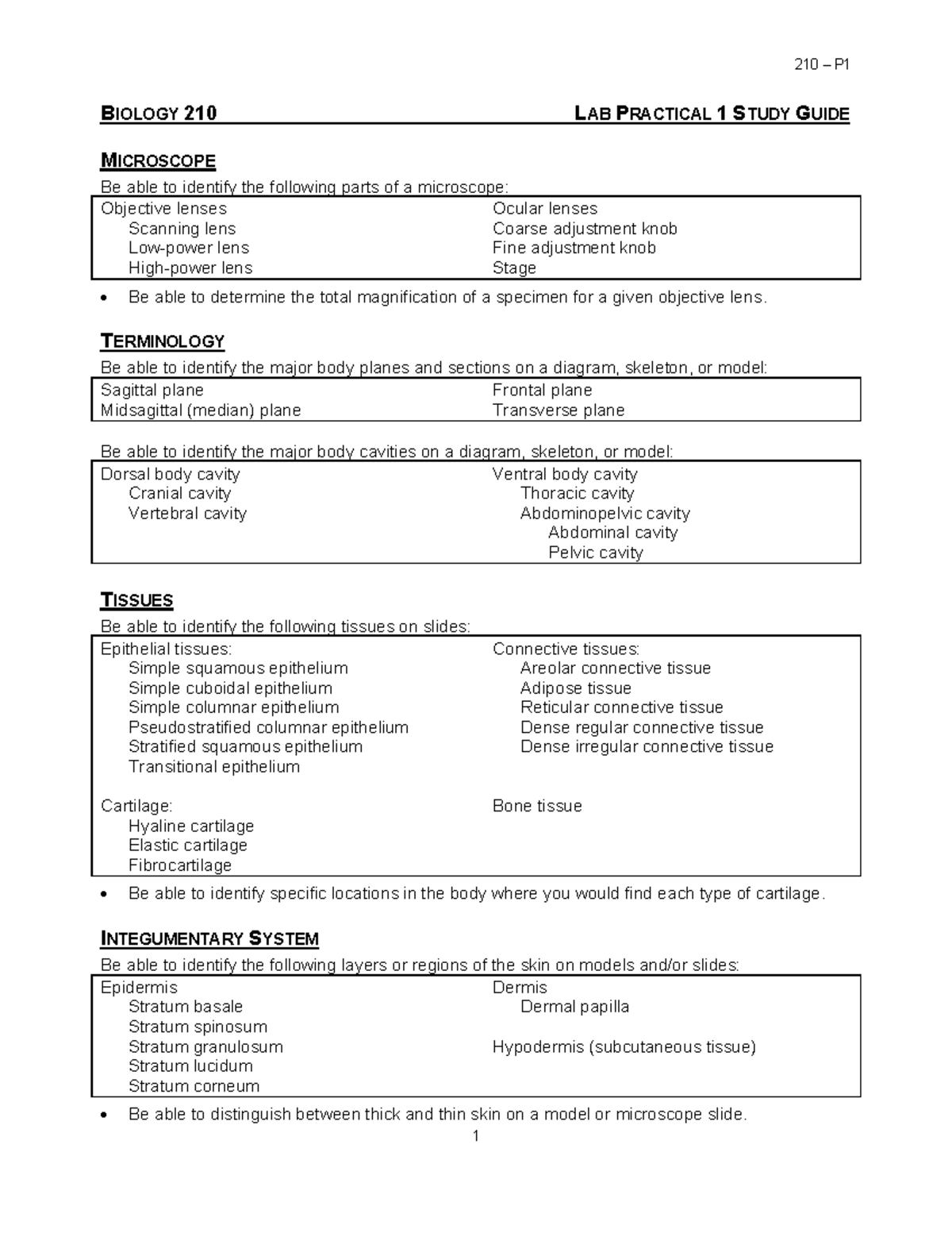 Biology 210 Lab Practical I Study Guide: Microscope & Anatomy ...