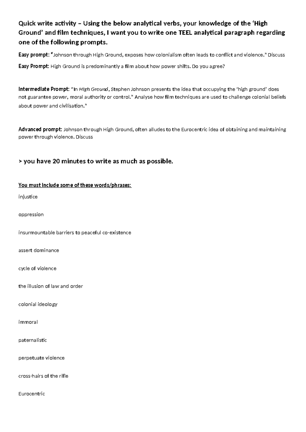 Quick Write Activity: TEEL Paragraphs on High Ground Analysis - Studocu