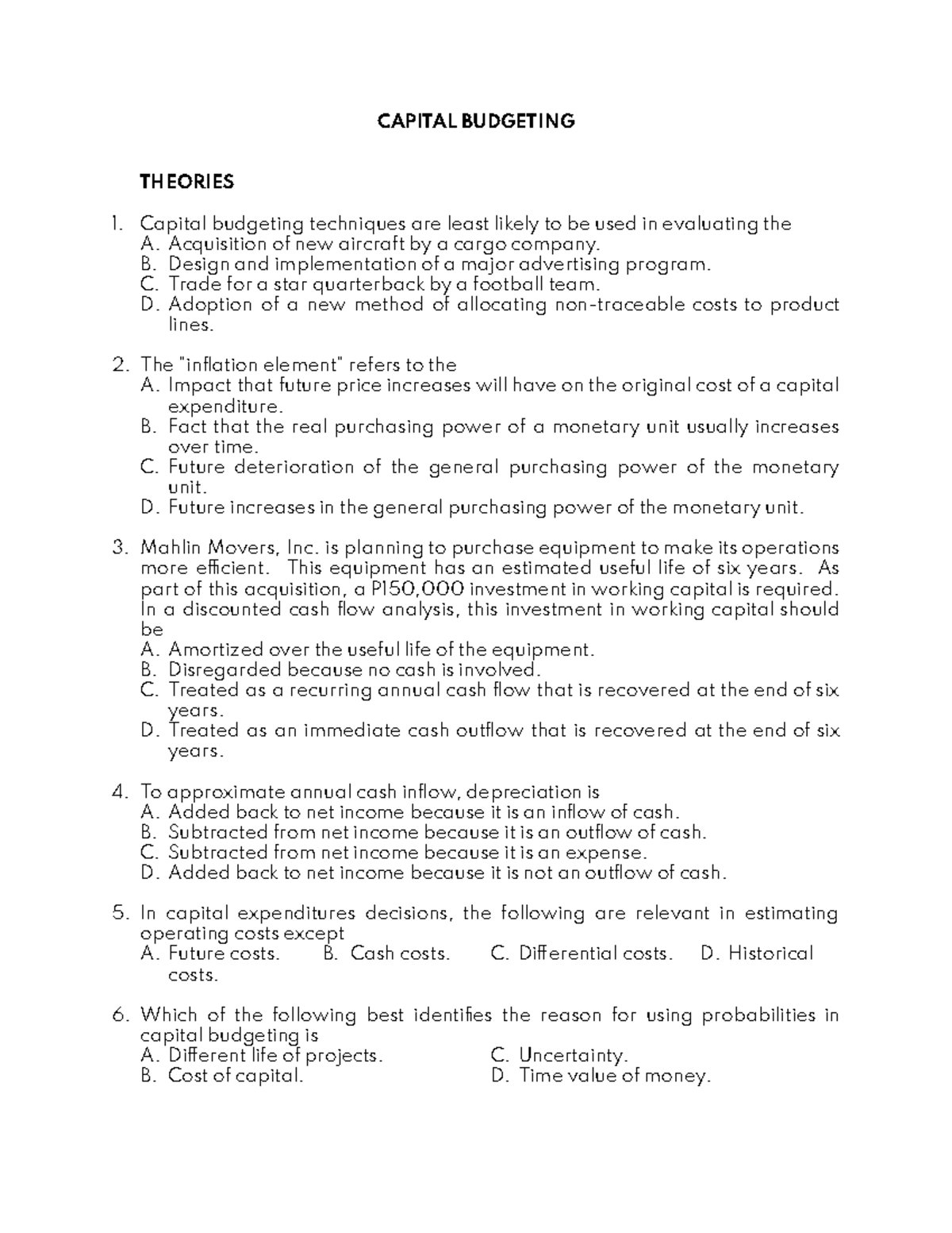 Capital Budgeting Review - Theories & Concepts - Part 1 Exam Notes ...