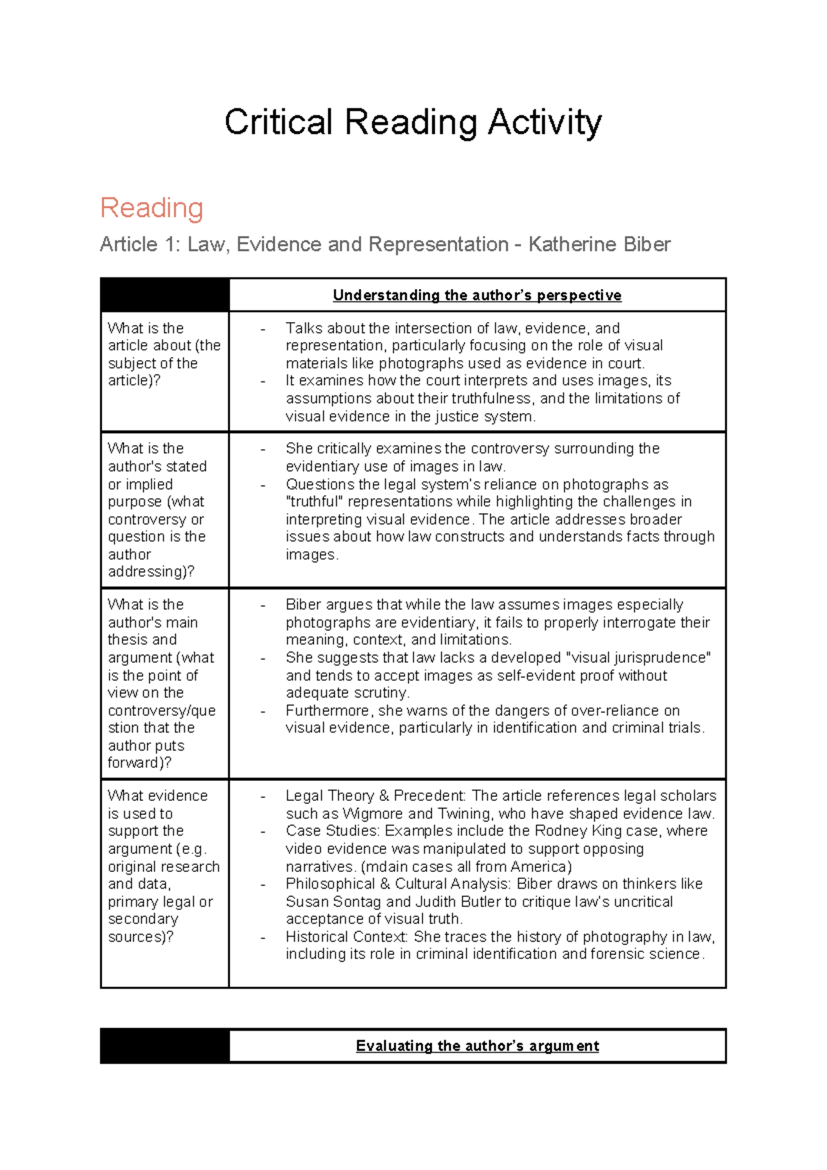 Critical Reading Activity: Law, Evidence & Representation (Course Code ...