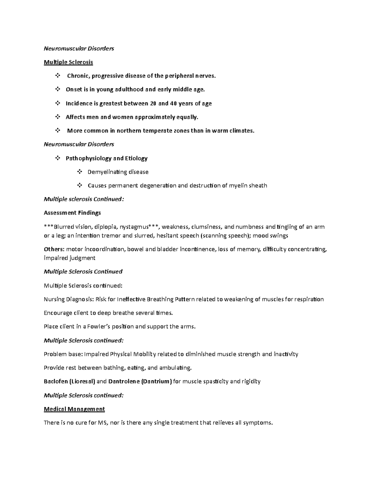 Neruo 2 - Adults: Neuromuscular Disorders & Management Overview - Studocu