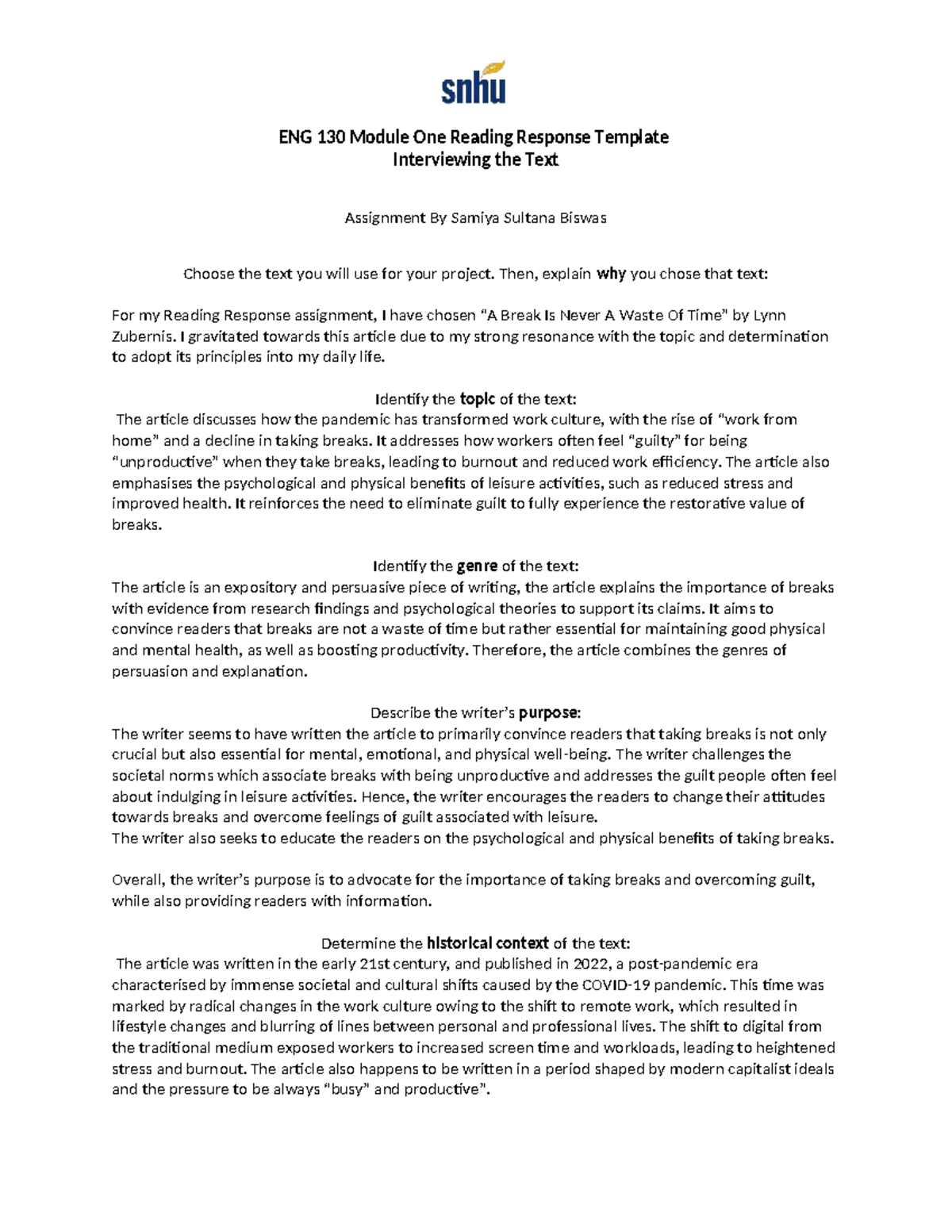 ENG 130 Module One Finished Assignment - ENG 130 Module One Reading ...
