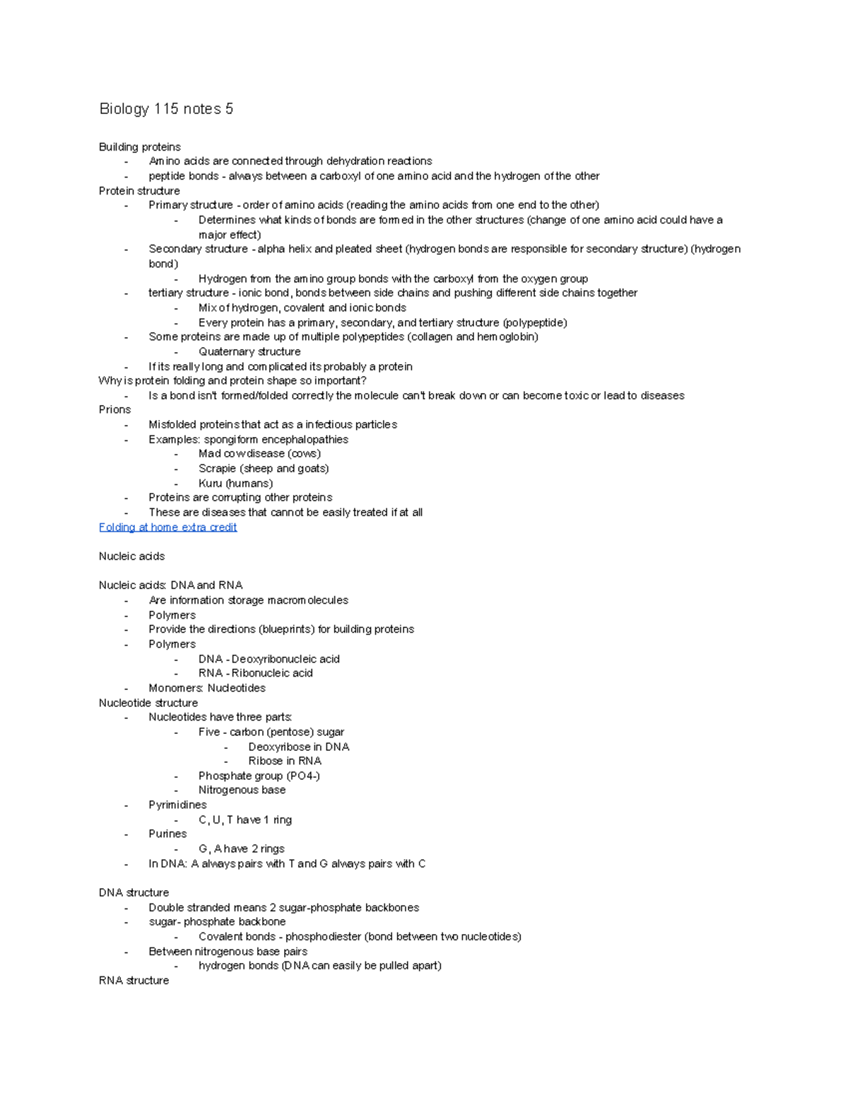 Biology 115 Lecture Notes: Proteins & Nucleic Acids Overview - Studocu