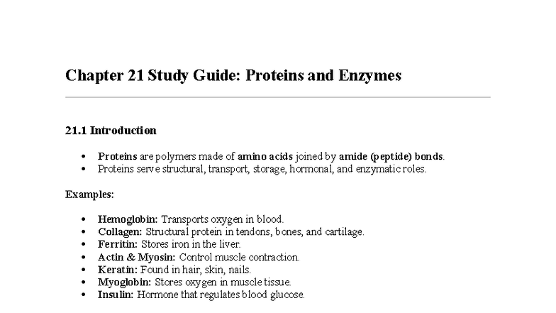 Chapter 21 Study Guide: Proteins and Enzymes - Chem 1152 - Studocu