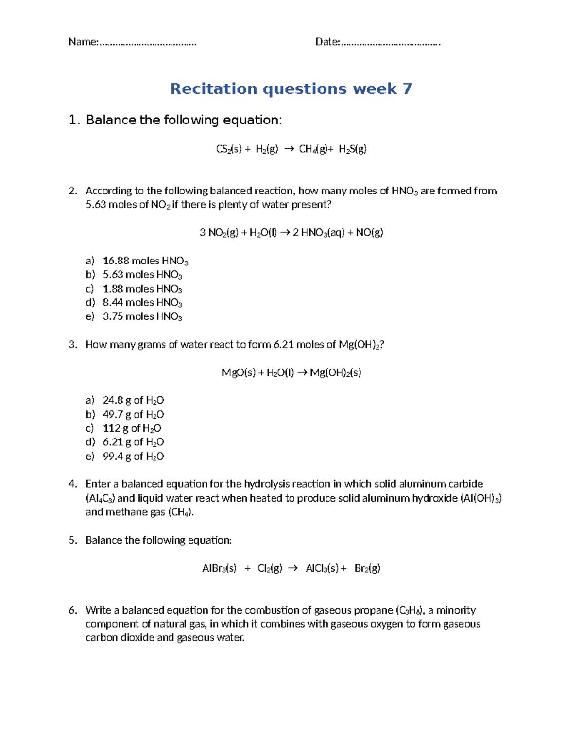 Chemical Reactions and Stoichiometry Practice Questions (Week 7) - Studocu