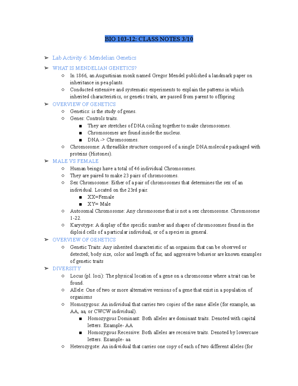 BIO 103 - Lecture Notes on Mendelian Genetics Concepts - Studocu