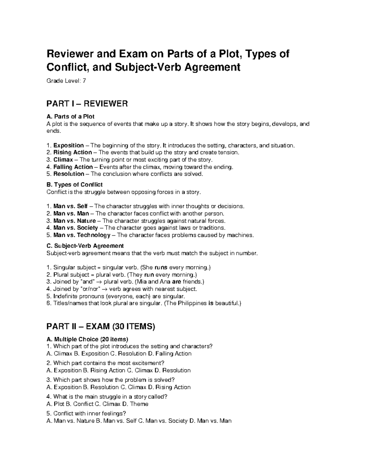 Grade 7 Reviewer & Exam: Plot Parts, Conflict Types, & Agreement SVA ...