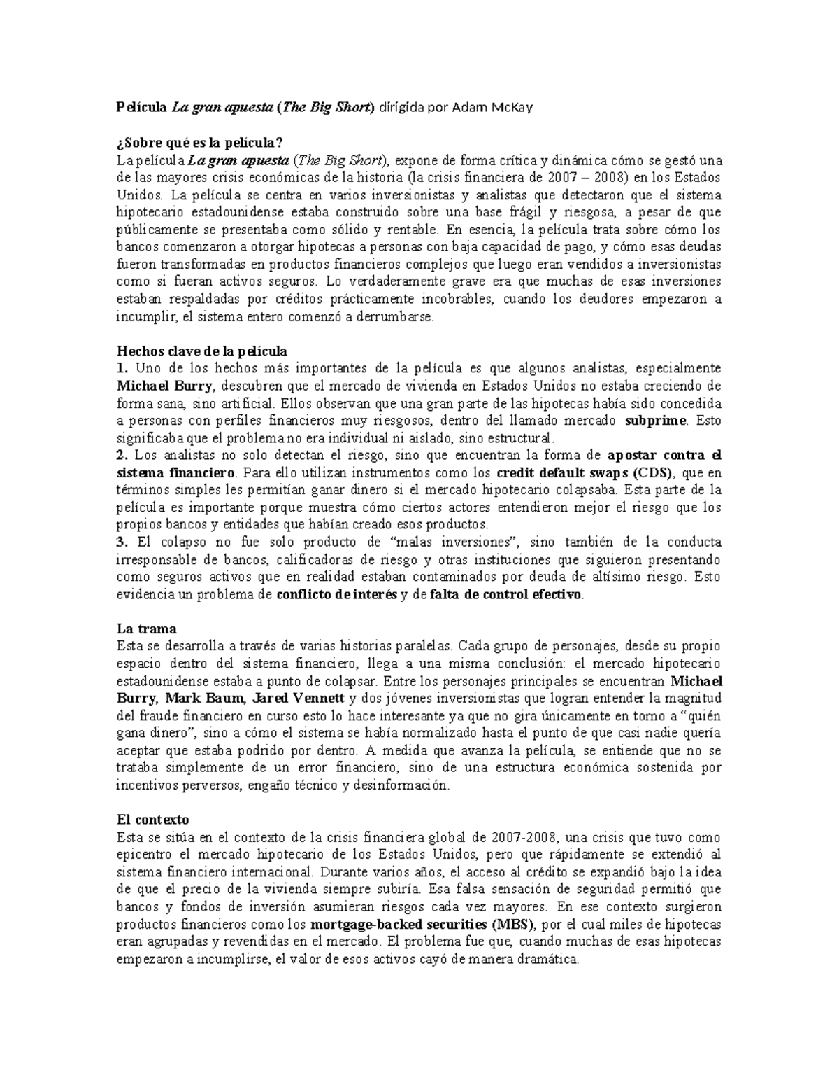 Película La gran apuesta (The Big Short): Análisis Crítico de la Crisis ...