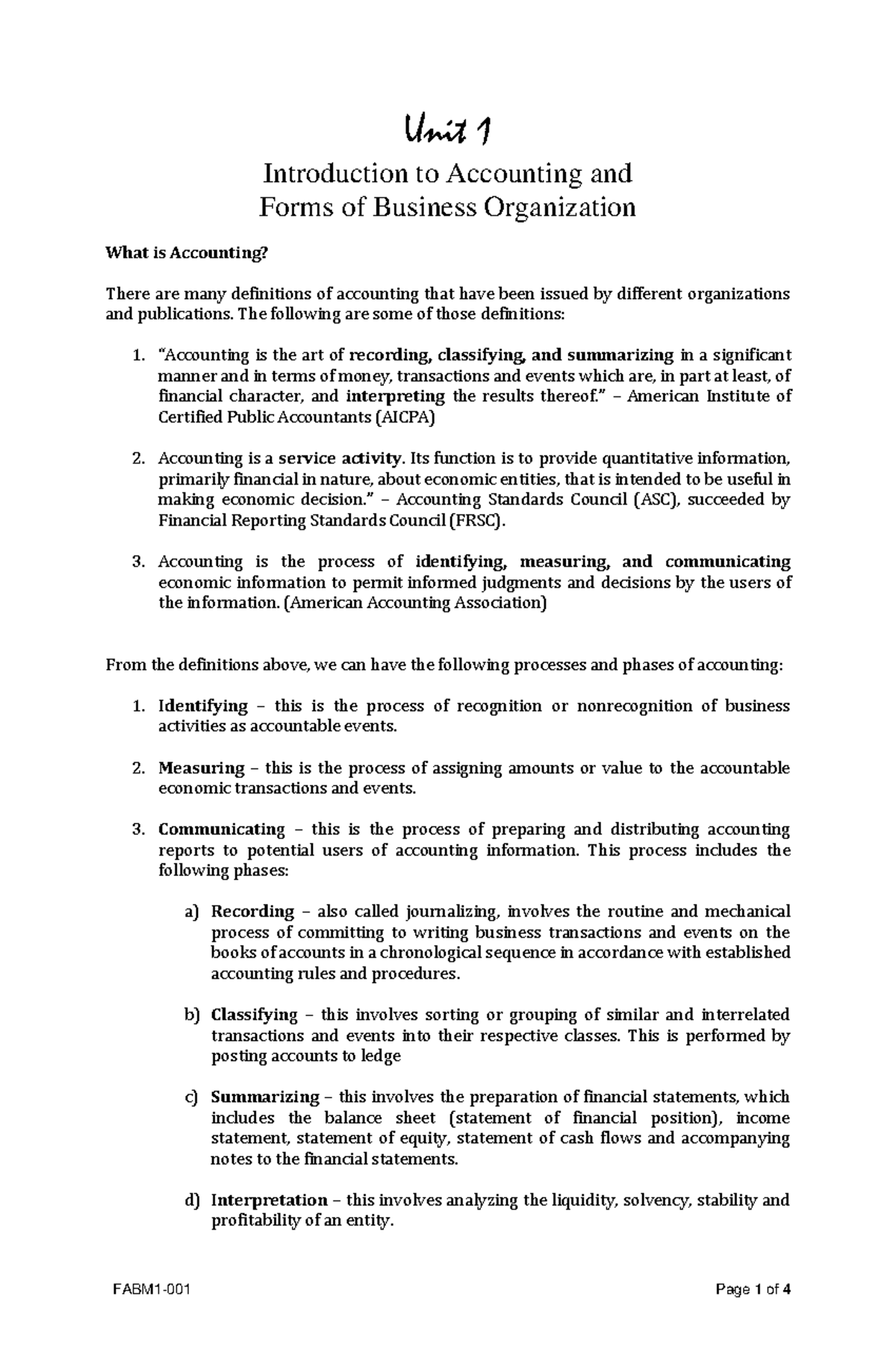 Unit 1 Lecture Notes - Unit 1 Introduction to Accounting and Forms of ...
